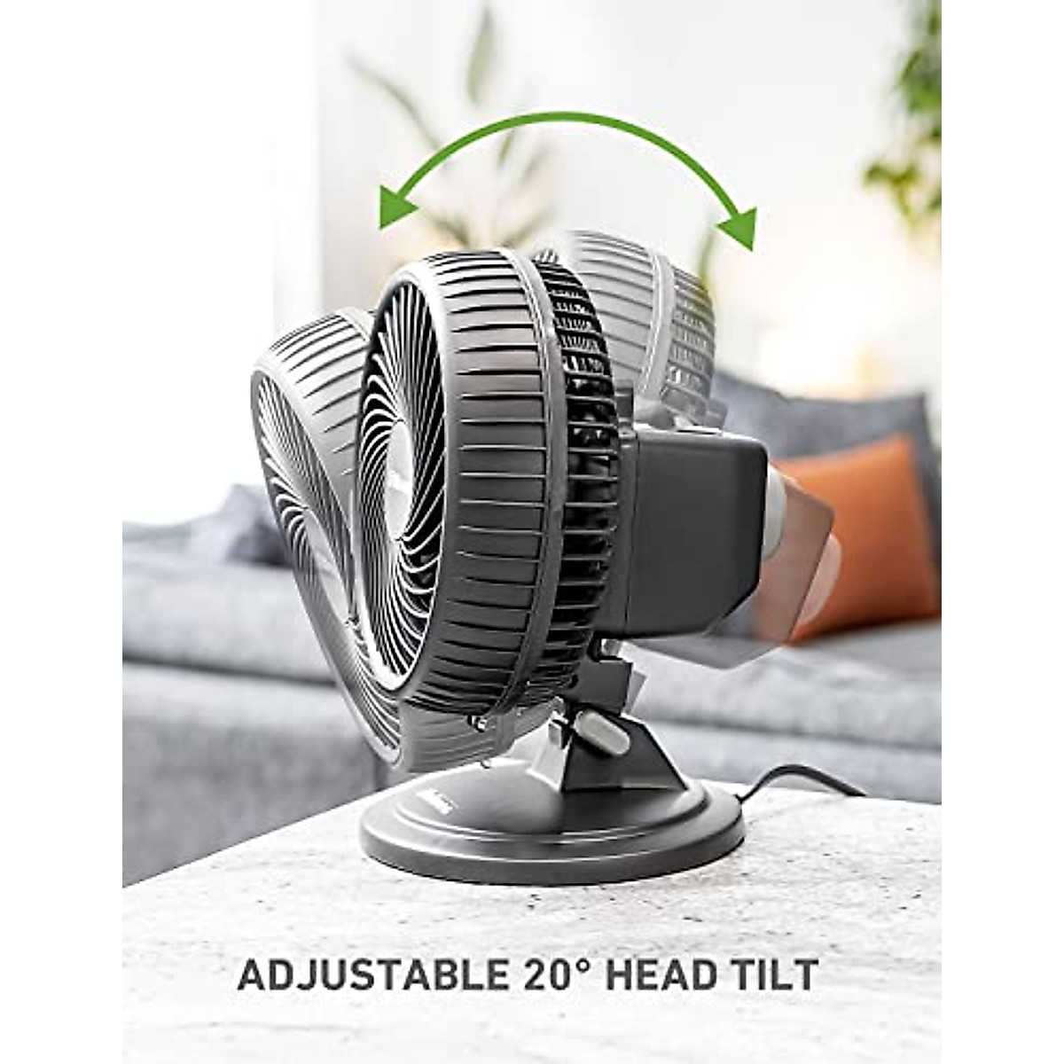 HOLMES BLIZZARD 7" Table Fan, 2 Speeds, 3 Blades, 85° Oscillation, 20° Adjustable Head, Home, Bedroom and Office, Charcoal Matte
