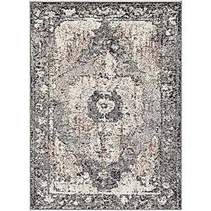 Hartshone Bohemian Farmhouse Living Room Bedroom Dining Room Area Rug - Boho Vintage Distressed - Persian Tribal Style Carpet - Dark Brown, Grey, Tan, Beige, Khaki, Charcoal, Light Black - 6'7" x 9'