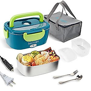bacxigo Electric Lunch Box Food Heater 2-In-1 Portable Food Warmer for Car & Home,Leak Proof,2 Compartments Removable 304 Stainless Steel Container,SS fork & spoon and Carry Bag (green)