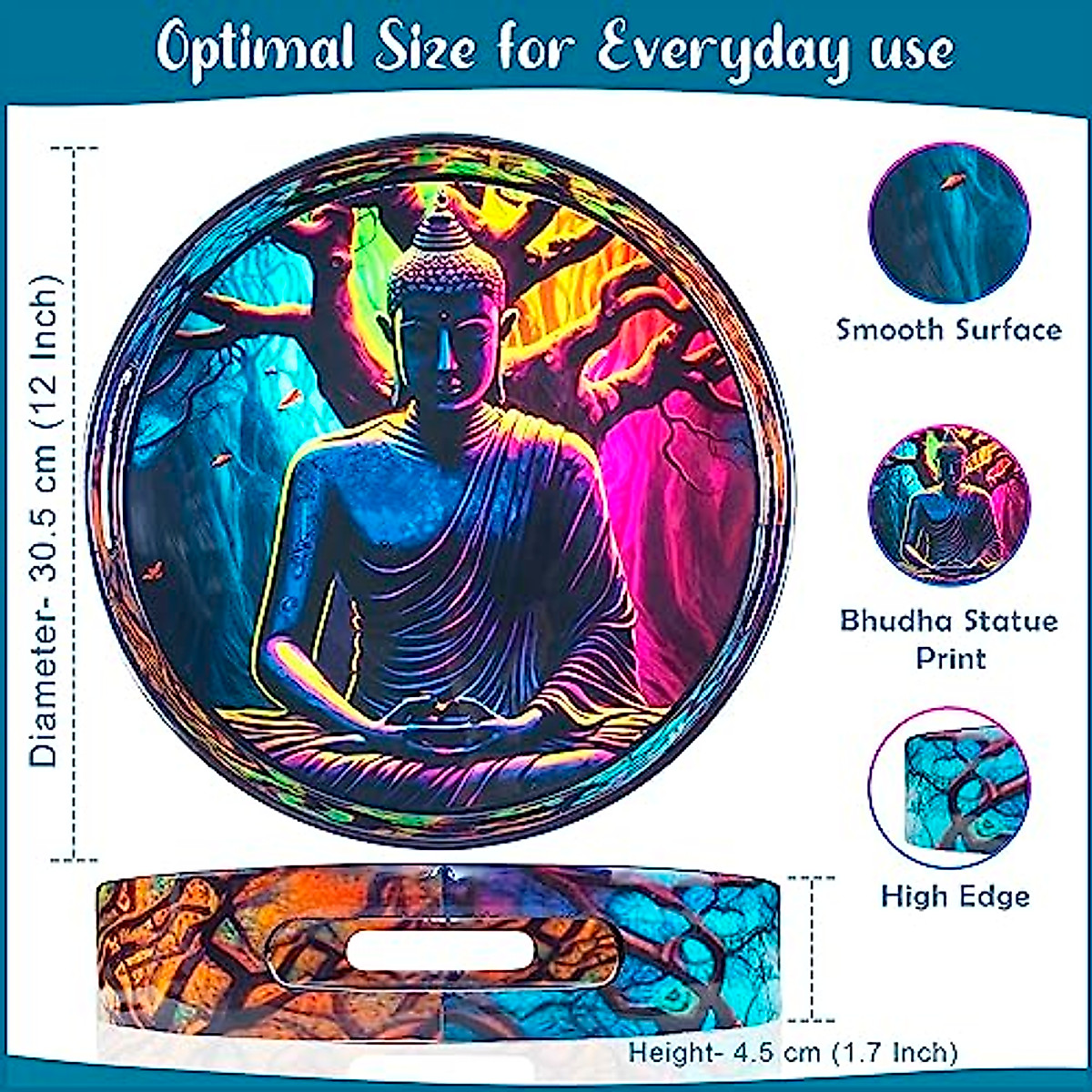 Crocon Decorative Round Serving Tray for Coffee Table Breakfast Buddha Printed Ottoman Tray Candle Holder Multipurpose Centerpieces for Dining Room Home Décor Makeup Drawer Organizer 12 Inch