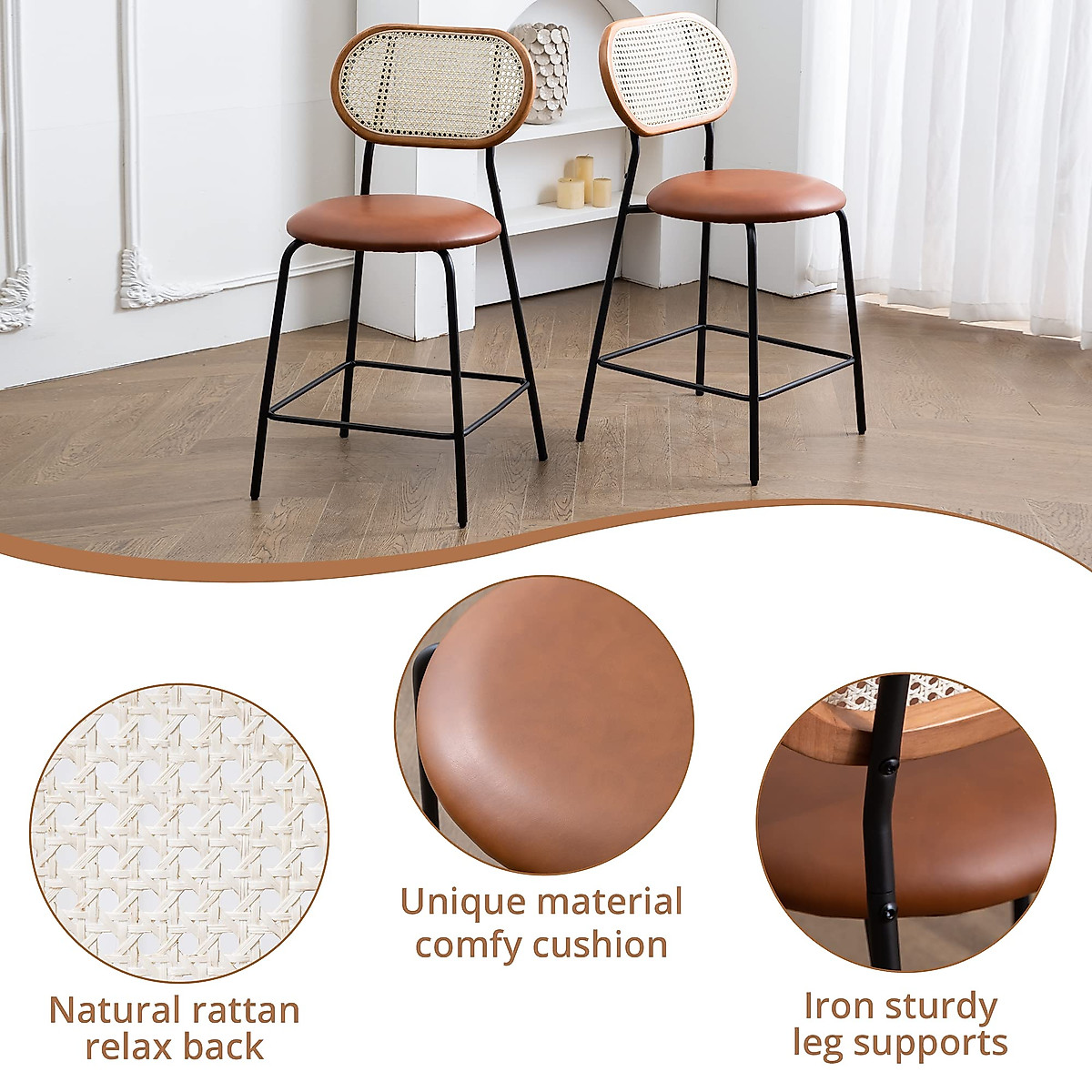 LUE BONA Faux Leather Bar Stools Set of 4,Rattan and Wood Backrest with Metal Legs，Modern Upholstered Round seat Chair Counter Height Barstools for Home Office Restaurants,24",Red Brown