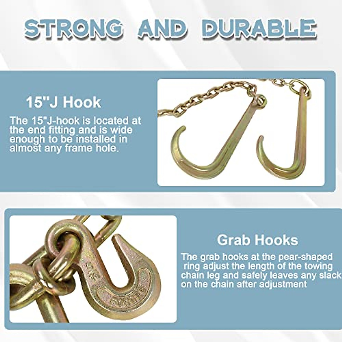 BLACKHORSE-RACING 5/16''x2' G70 J Hook Tow Chain V Bridle with Large Shank J Hooks and Grab Hooks,Flatbed Truck Trailer Safety Tow Chain 4700 lbs Working Load Limit