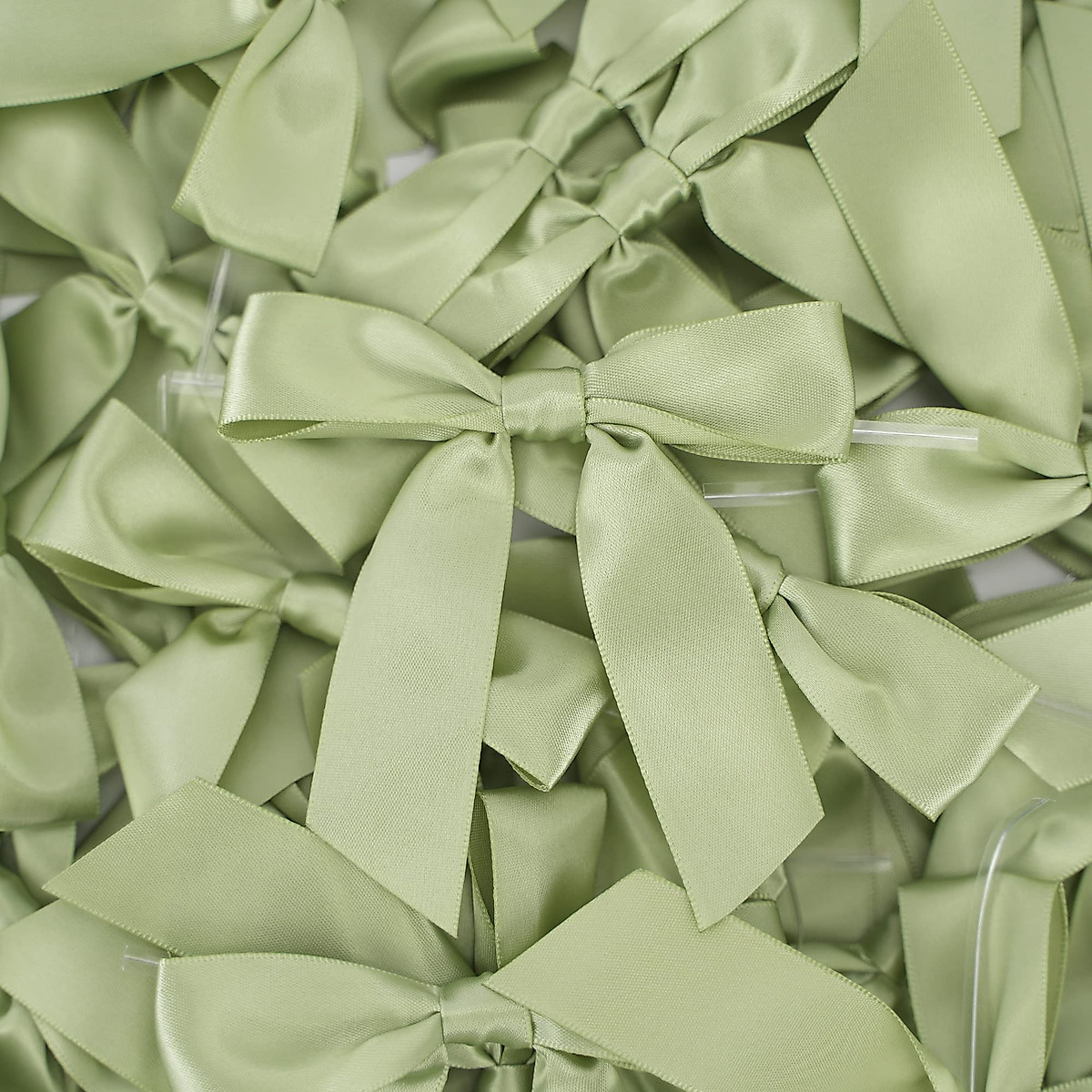 AIMUDI Sage Green Satin Ribbon Twist Tie Bows 3.5" Pretied Bows Premade Bows for Treat Bags Crafts Gift Wrapping Basket Wedding Favors Cookie Candy Bagging Cake Pop Bridal Shower - 50 Counts