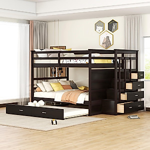 Full Over Full Bunk Bed with Stairs and Trundle, Kids Full Size Bunk Beds with Storage Drawers, Wood Trundle Bunk Beds with Guardrail for Kids Teens Adults,Espresso