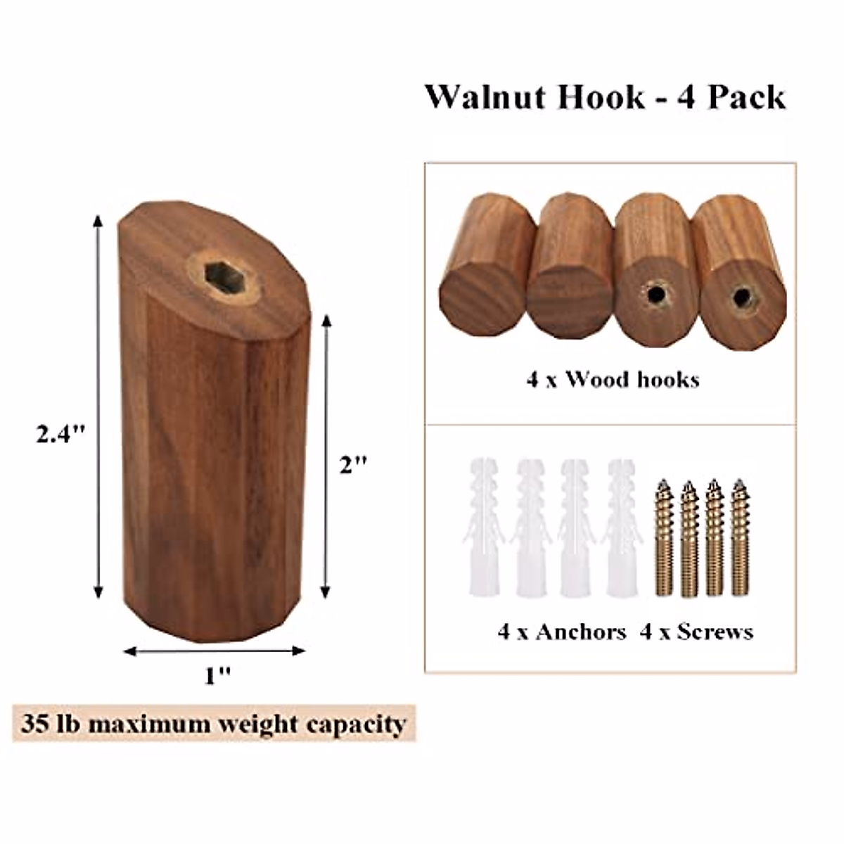 Wood Wall Hooks Entryway Coat Hooks Wall Mounted Hat Organizer Rack, 4 Pack Heavy Duty Hooks for Hanging Bathroom Towels, Plants
