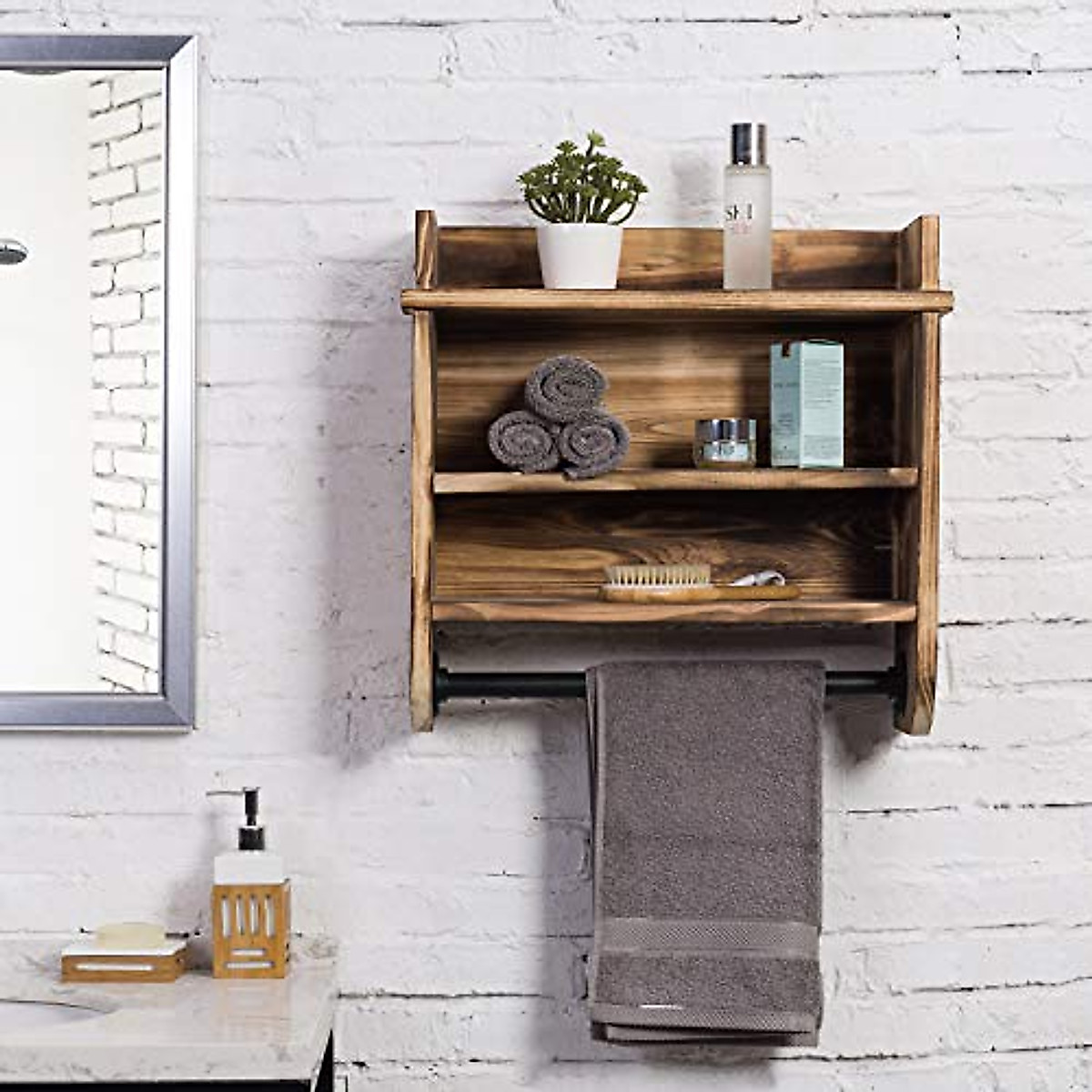 MyGift Wall Mounted Rustic Brown Wood 3-Tier Bathroom Shelf Organizer Rack with 20 Inch Industrial Metal Hand Towel Bar