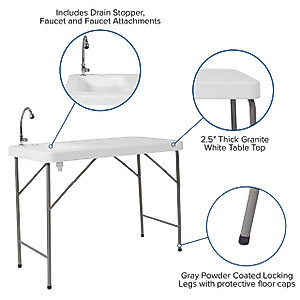 Flash Furniture Wesley 4' Portable Fish Cleaning Table with Sink, Outdoor Portable Folding Camping Sink Table with Faucet, and Hose Attachment, White
