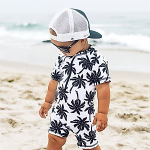 Infant Baby Boys One Piece Swimsuit Cute Shark Print Short Sleeve Zip Up Rashguard Swimwear Bathing Suit (White# Coconut Tree, 0-3 Months)