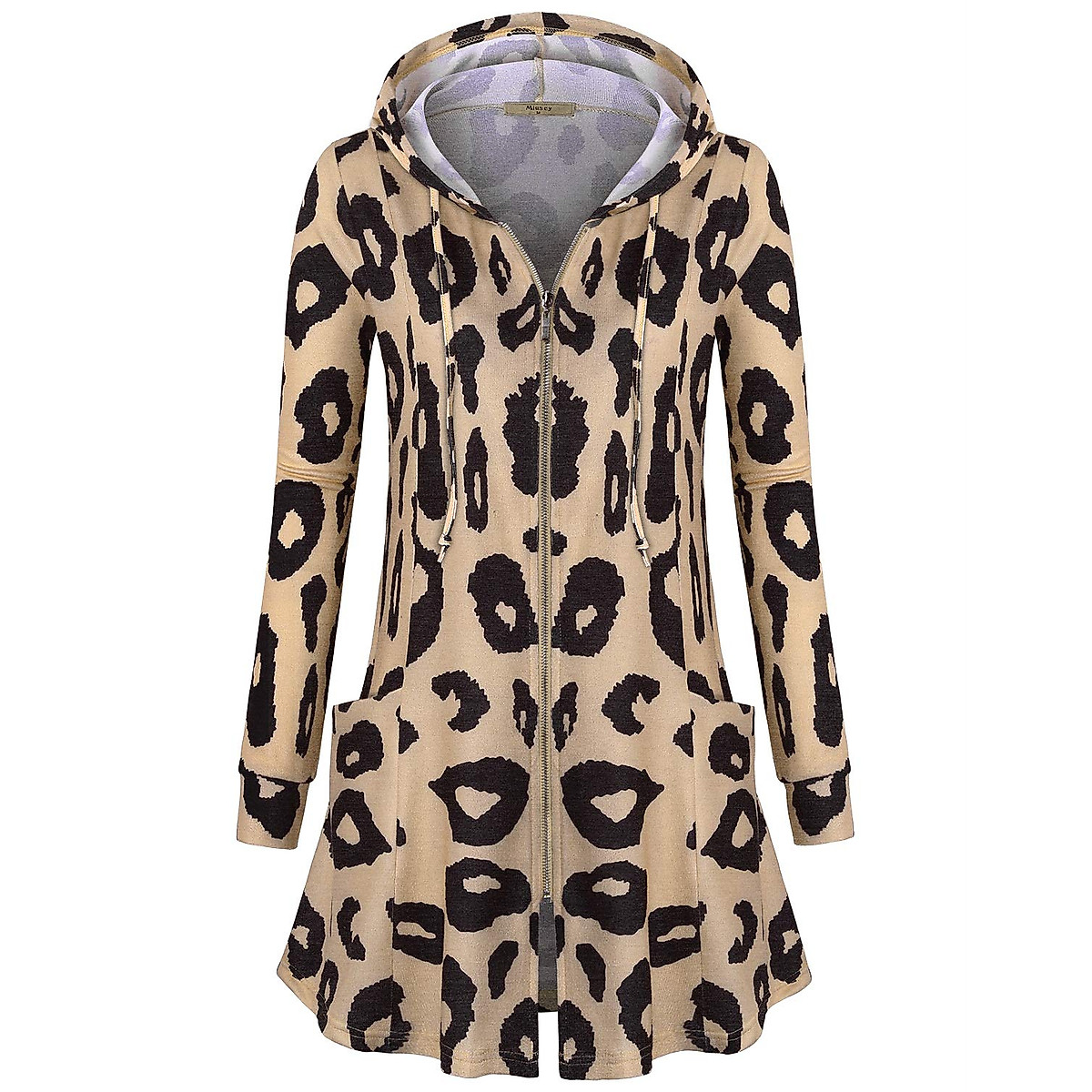 Miusey Leopard Sweatshirt, Misses Unique Long Hoodies with Double Pockets Nice Lightweight Zipper Jacket Pretty Tunics Cool Modern Animal Party Club Bar Disco Wear Leopard S