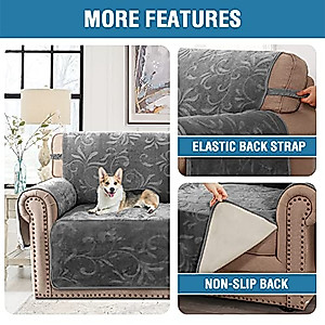 Sofa Slipcover 100% Waterproof Sofa Cover Couch Cover Premium Velvet Classic Flower Pattern Furniture Protector Non Slip with Elastic Straps for Pets Dogs Width Up to 72 Inch (Large Sofa, Grey)