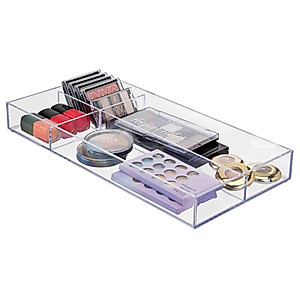 mDesign Plastic Divided Makeup Organizer Holder Tray for Bathroom Drawer, Vanity, Countertop Storage - Cosmetic Organization Holds Palettes, Brushes, Accessories - Lumiere Collection - Clear