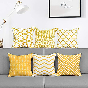 Yastouay Throw Pillow Covers Set of 6 Modern Decorative Throw Pillow Cases Geometric Pillow Covers Cushion Covers for Couch Sofa Bedroom Car (Yellow and White, 18 x 18 Inch)