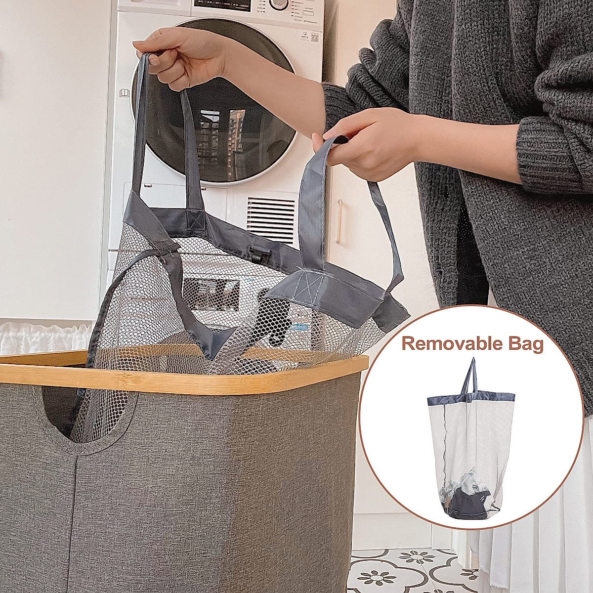 FairyHaus Laundry Basket with Lid, Freestanding Large Laundry Hamper with Lid, Removable Bag & Support Rods, Collapsible Dirty Clothes Hampers for Laundry with Easy Carry Bamboo Handles, Tall, Grey