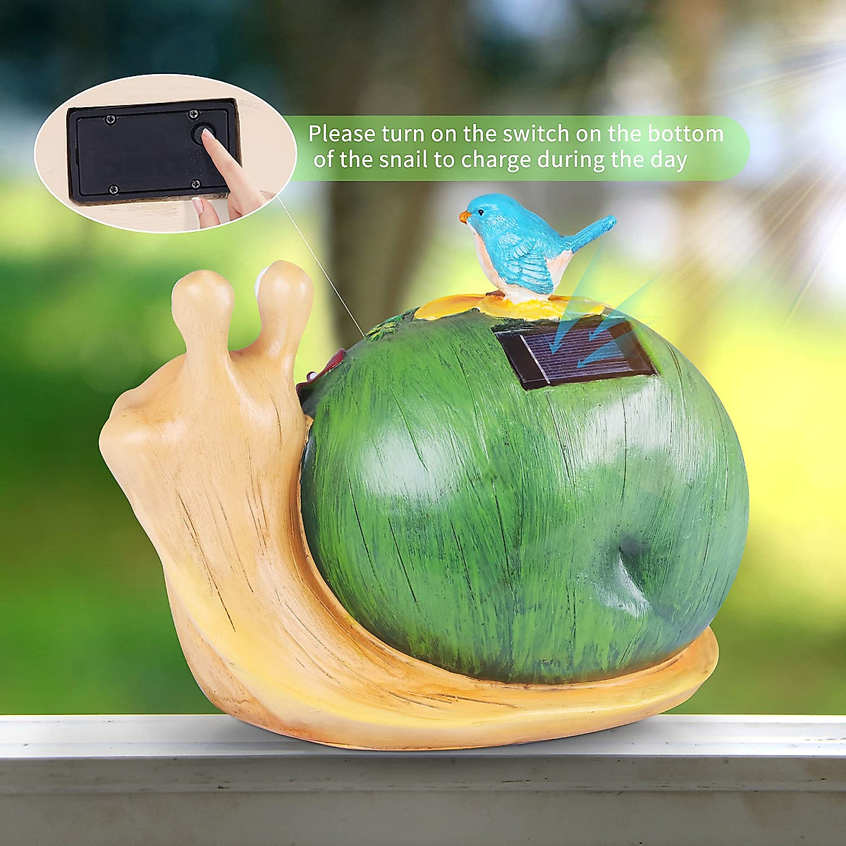 Garden Statue Snail Figurine Solar Powered LED Lights Resin Animal Sculpture for Home Cafe Restaurant Office Indoor Outdoor Decorations Patio Lawn Yard Art Ornaments 10 x 8.5 Inch