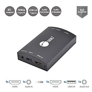 SIIG USB 3.0 HDMI A/V Capture Card with 4K60 Loop Out, HDMI 4K60 Capture USB 3.0 1080p Record,Audio Extract & Microphone,for DSLR Camcorder Live Streaming,Video Conference,TAA Compliant CE-H26H11-S1