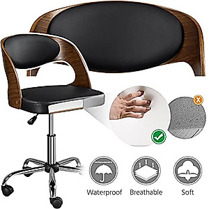 Yaheetech Home Office Desk Chair Modern Mid-Century Walnut Wood Chrome Finish Computer Chair Faux Leather Seat Height Adjustable Stool with 360° Swivel Wheels, Black