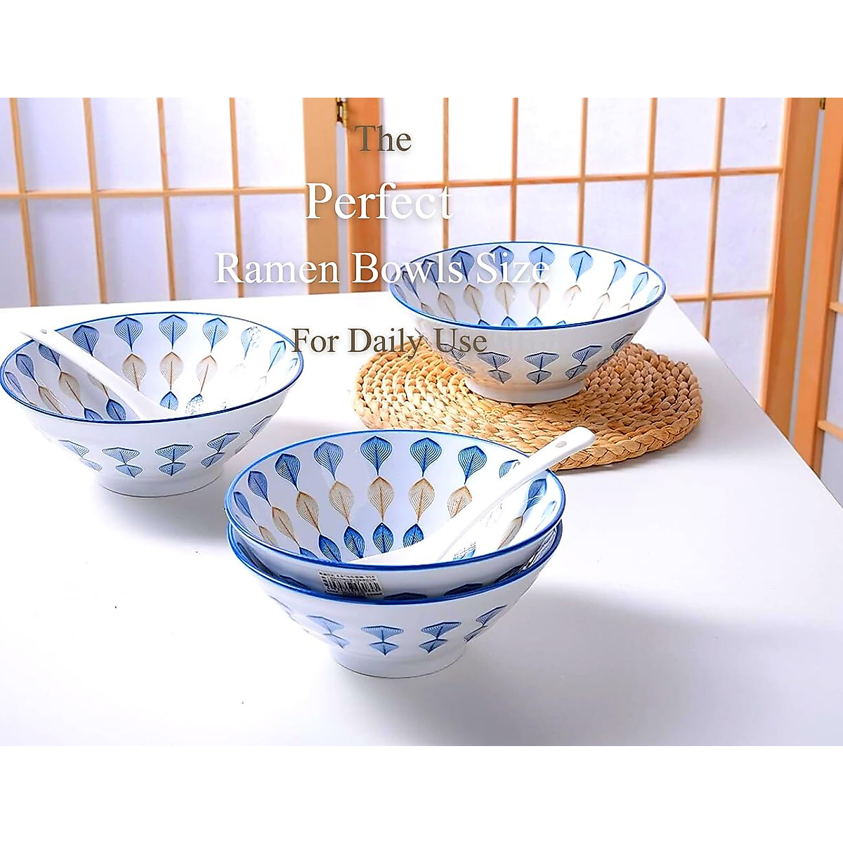 Braque Ceramic Japanese Ramen Bowl, Set of 2, 28.7oz Porcelain Bowls with Spoons – for Ramen, Pho, Udon, Soup, Salad – Asian Rustic Design, Chip Resistant, High Grade Lead & BPA Free - Leafage Echo