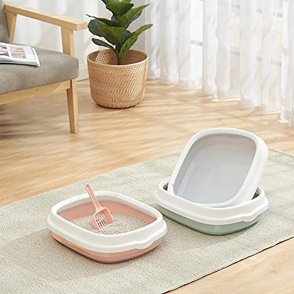 Shulemin Litter Box with Scoop Cat Litter Box High Side and Back Semi-Closed Detachable PP Pet Cats Sand Toilet Litter Pan Sifting Litter Box for Cats Dogs Pink L