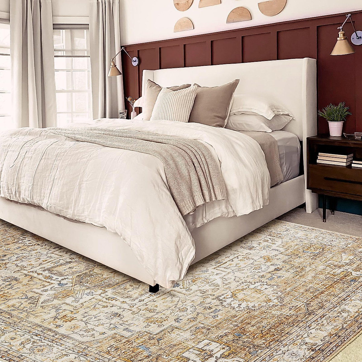 Area Rug 9x12 Living Room: Soft Large Washable Rugs with Non-Slip Rubber Backing Stain Resistant Modern Indoor Boho Vintage Carpet for Bedroom Dining Nursery Room Home Office (Beige/Brown)