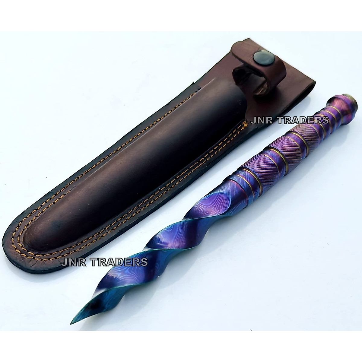 JNR Traders Damascus Tri Edge Dagger with Sheath 10 Inch Full Tang Fixed Blade knife 3744