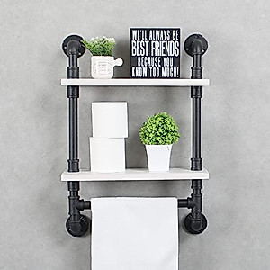 Industrial Pipe Shelving Bathroom Shelves Wall Mounted, 2-Layer 24in Rustic Wood Shelf with Towel Bar,Farmhouse Towel Rack Metal Floating Shelves Towel Holder (TypeA, White)