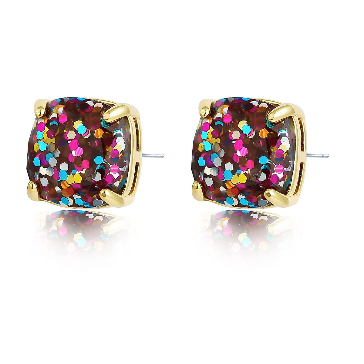 Multicolor Glitter Confetti Stud Earrings - Square Multi Colorful Sparkle Pretty Sequin Resin Earrings for Women Jewelry