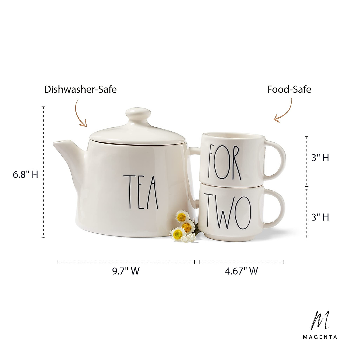 Rae Dunn Tea Set, “Tea for Two” Teapot and Stacking Teacup Set, Cute Ceramic Tea Set for Kitchen or Dining Room, 3-Piece Set