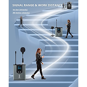 Wireless Microphone System Dual Transmitters Receiver Lavalier/Headset Mic Set Rechargeable Bodypack for PA Speaker, Camera, Video Recording, Teaching, Church, Interview
