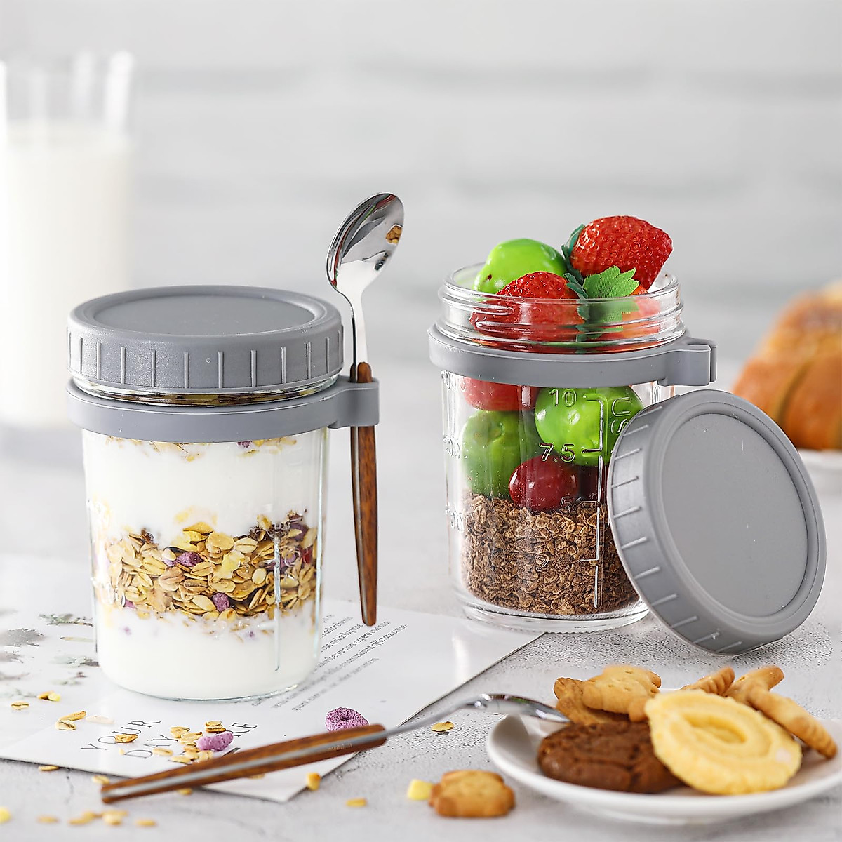 Tanlade Set of 6 Glass Overnight Oat Containers Plus Bag Airtight 10oz Oats Jars with Lid and Spoon Meal Prep Reusable on the Go Wide Mouth Mason Jars for Oats Milk Vegetable Fruit Salad (Grey)