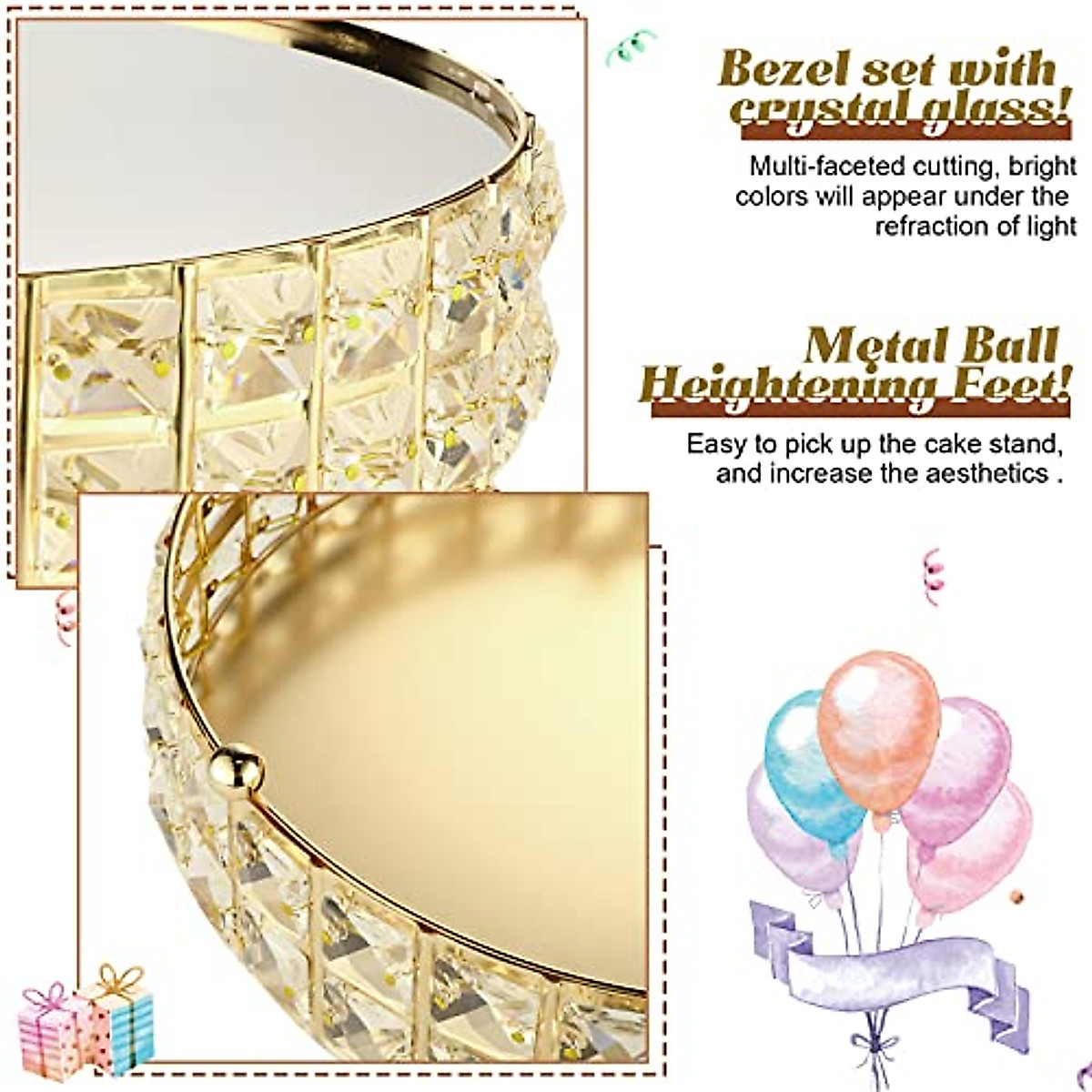 3 Pcs Crystal Metal Cake Display Stand with Mirror Top Plate 10 Inch, 12 Inch, 14 Inch Crystal Gold Dessert Display Pedestal Gold Round Cake Stand for Wedding Anniversary Baby Shower Birthday Party