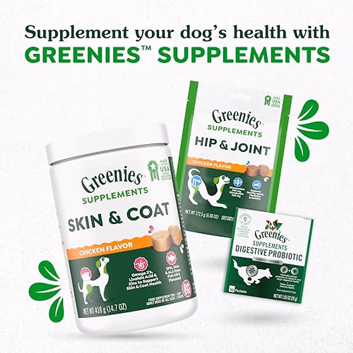 Greenies Supplements Dog Skin and Coat Supplements with Fish Oil & Omega 3 Fatty Acids, Chicken Flavor, 80 Count Soft Chews, 14.7 oz.