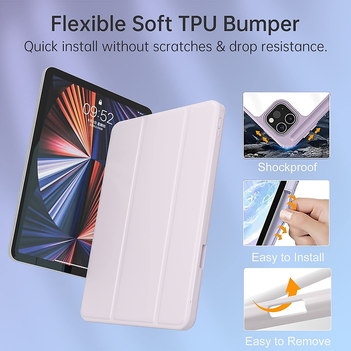 iPad Pro 11 Inch Case 2022/2021/2020(4th/3th/2rd Gen) with Pencil Holder Detachable Transparent Hard Shell Back Cover Smart Trifold Folio Auto Sleep/Wake (Light Purple/Pink)