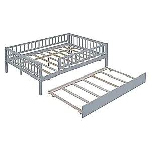 P PURLOVE Full Daybed with Trundle, Daybed Frame with Fence Guardrails, Wood Daybed for Boys, Girls and Young Teens, No Box Spring Needed (Gray)