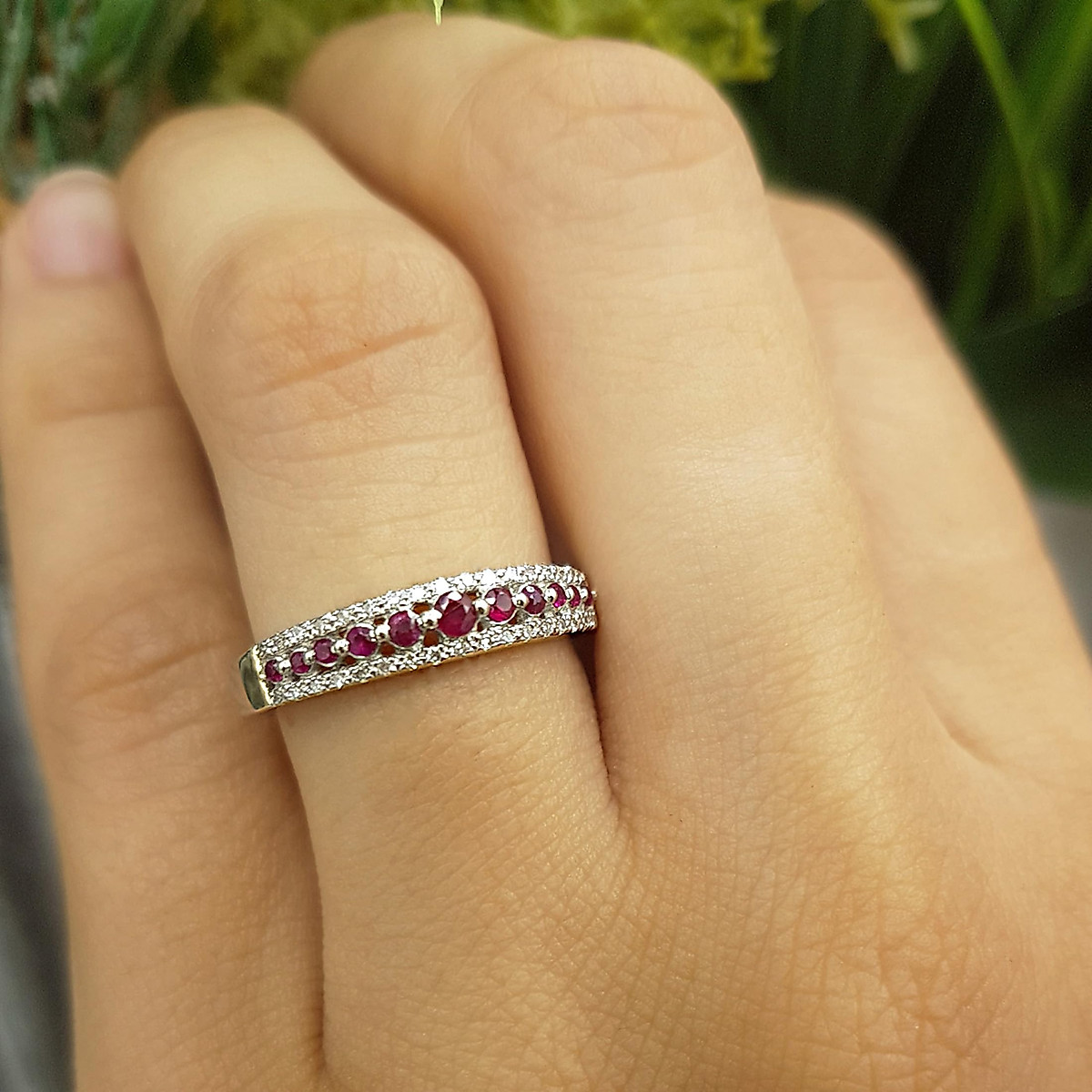 Dazzlingrock Collection Round Ruby & White Diamond Triple Row Anniversary Ring for Women in 18K Yellow Gold Size 7