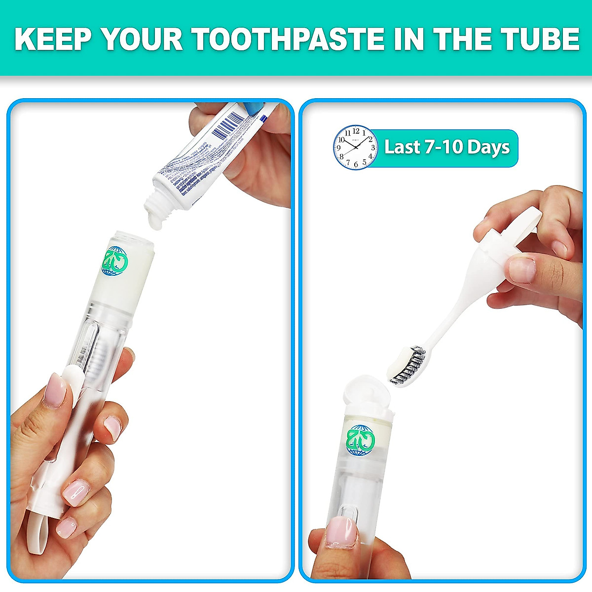 Quick Brush Travel Toothbrush with Toothpaste stored in Handle- On The Go Oral Care Kit Convenient for Home Office School Purse Backpacking, Portable and Foldable Brush