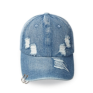 Vintage Distressed Jean Hat, Light Acid Washed Denim, Ripped Baseball Cap, Adjustable Clip for Universal Fit