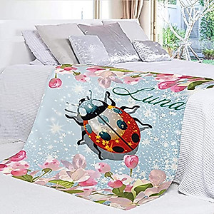 Personalized Ladybug on Pretty Flower Baby Blanket with Name Text Custom Newborns Infants Swaddling Blankets for Boys &Girls Shower Birthday Gift 30 X 40 inches