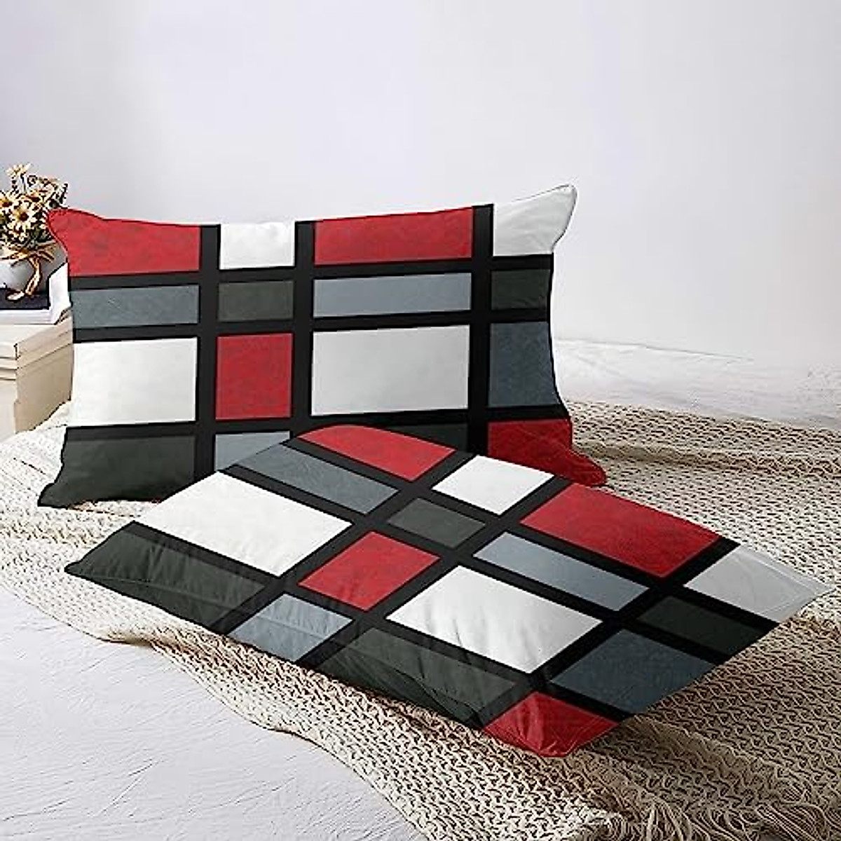 Bedding Sheet Bed Sets, Red Gray Black White Geometric Soft 3-Pieces Duvet Cover Set Comfy 1 Comforter Cover & 2 Pillowcases for All Season Twin(68"×90")