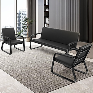 Bestmart PVC Leather 3PCS Office Reception Sofa Set Executive Side Waiting Room Visitor Guest Sofa,Dark Black