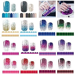 14 Sheets Nail Stickers Glitter Gradient Color Shine Full Wraps Polish Stickers Decal Strips Self-Ashesive Nail Art Sets for Women Girls