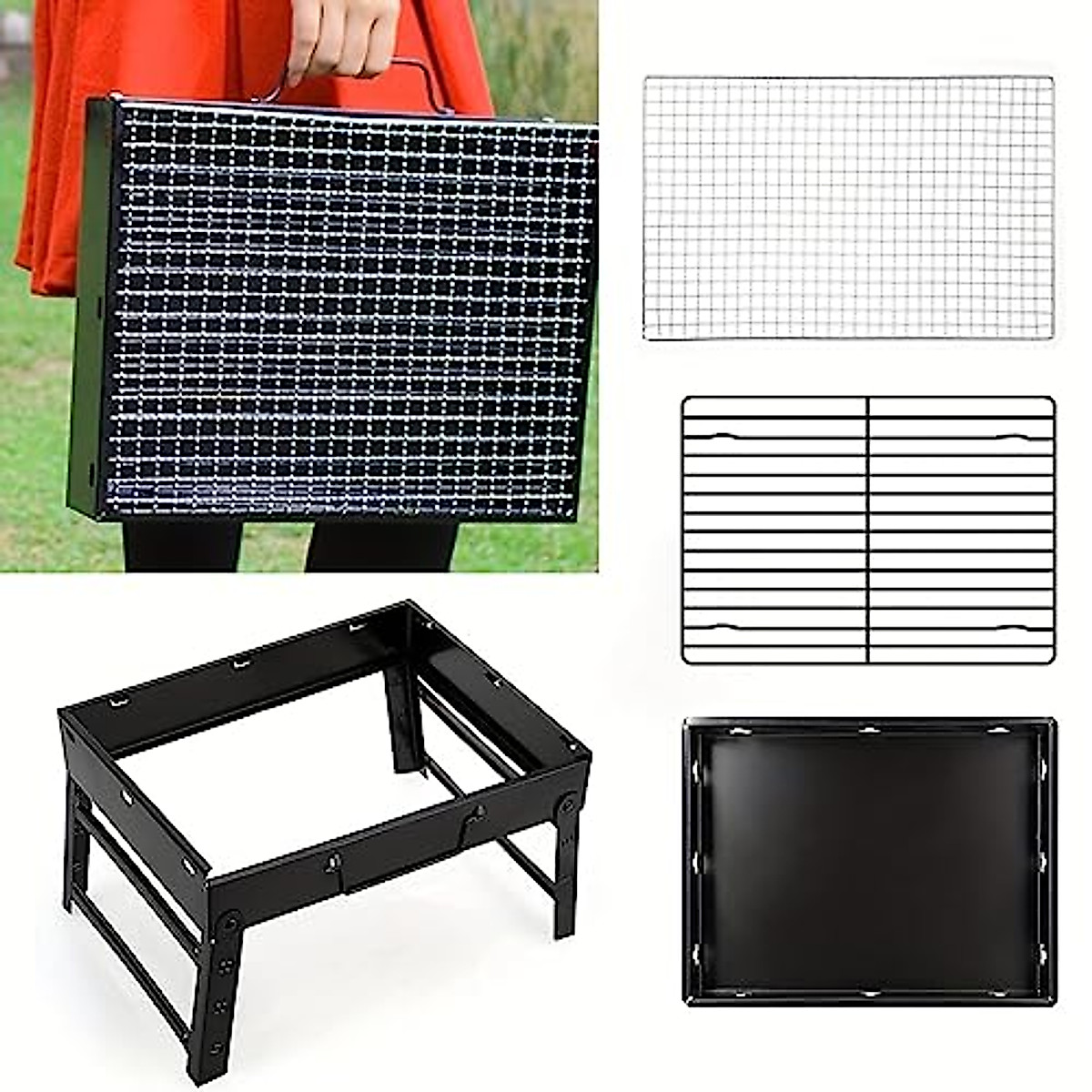 HOSEMN 2023 NEW Portable Folding Charcoal Grills, Stainless Steel Grill Table, Easy Portability For for Outdoor Cooking, Barbecue Camping, Beach BBQ, Picnic Backyard - Black (17"x11.4"x9.4"）