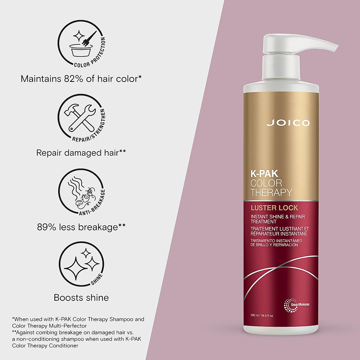 Joico K-PAK Color Therapy Luster Lock Instant Shine & Repair Treatment | For Color-Treated Hair | Boost Color Vibrancy | Repair Breakage | With Keratin & Argan Oil | 16.9 Fl Oz