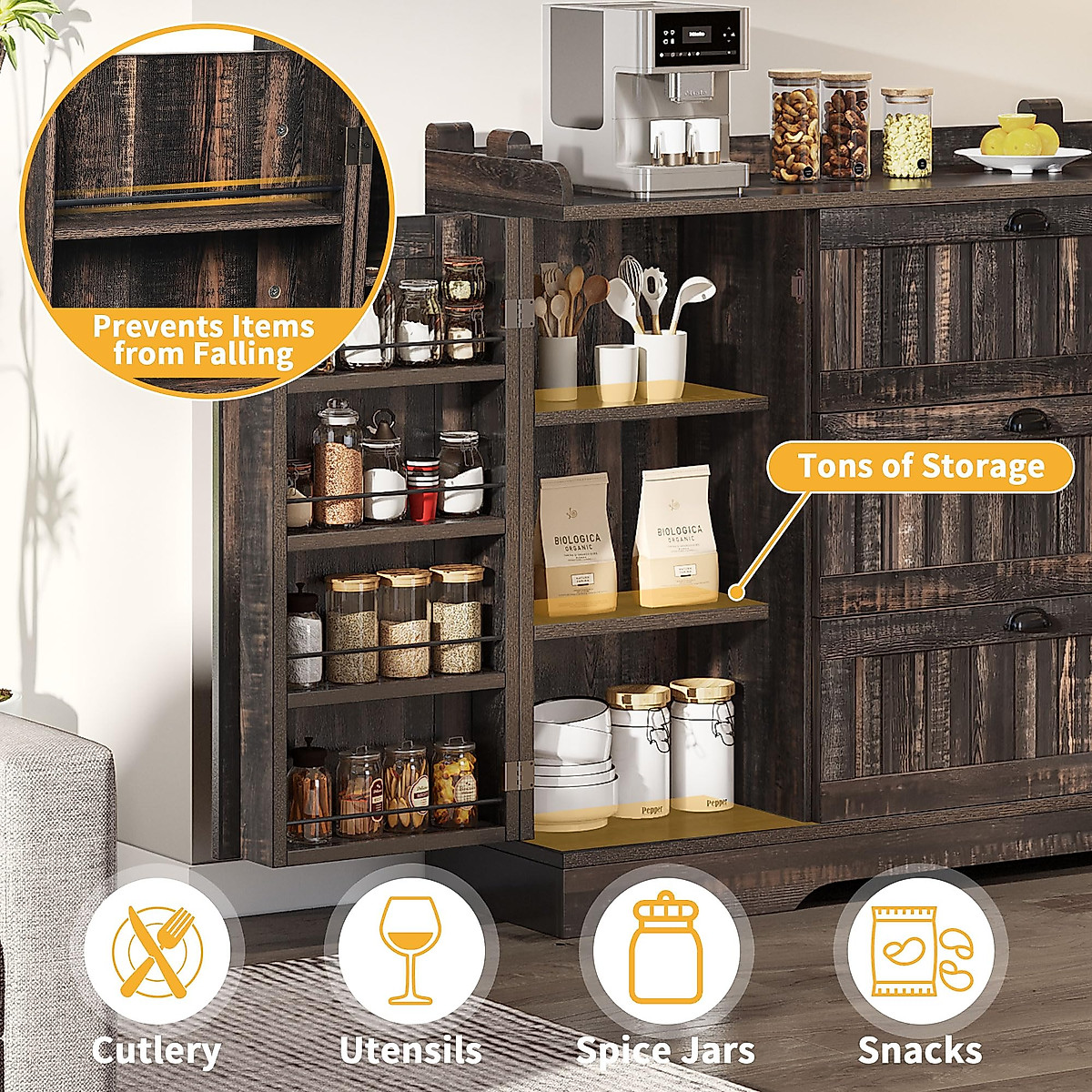 DWVO Farmhouse Sideboard Buffet Cabinet with Storage, 59" Kitchen Pantry Storage Cabinet with 3 Drawers, Coffee Bar for Kitchen Living Room Dining Room, Dark Rustic Oak