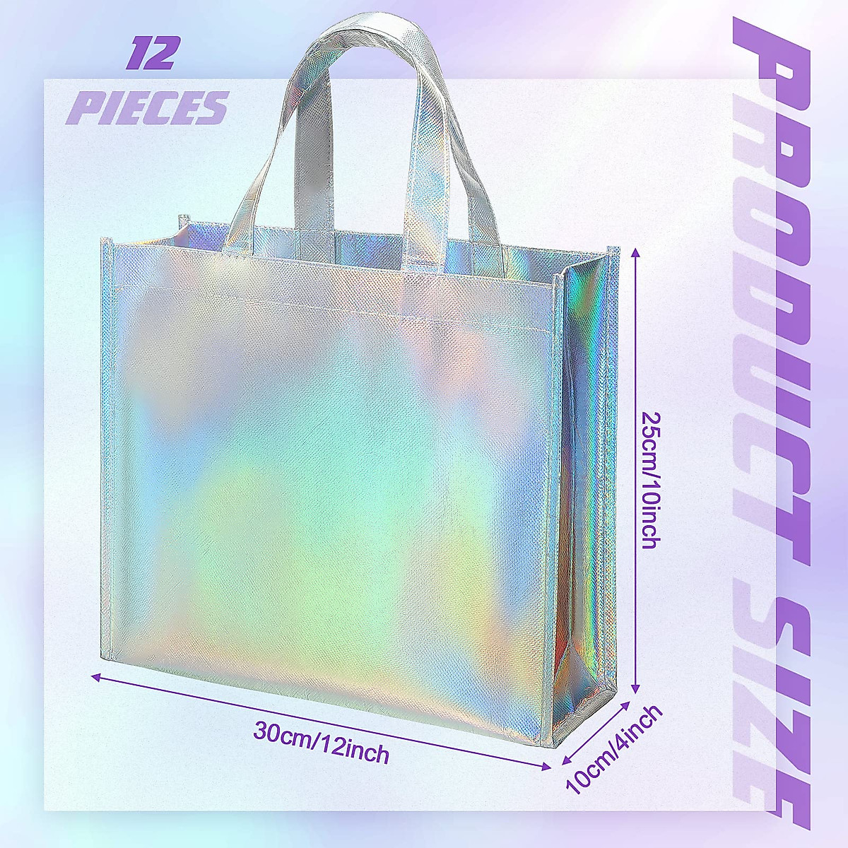 Tondiamo 12 Pcs 12 x 10 x 4 Inch Non Woven Reusable Handled Gift Bags Thickened Hemming Holographic Gift Bags Glossy Welcome Bags for Shopping Birthday Party Wedding, Dazzling Color