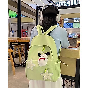 JHTPSLR Preppy Backpack Patches Stars Y2K Aesthetic Backpack with Plushies Cute Kawaii Backpack Supplies Book Bags Casual Daypack (Green)