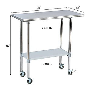 Stainless Steel Work Table w/ Undershelf and Casters,36" x 18" inch Commercial Kitchen Work & Prep Table for for Restaurant, Home and Hotel.