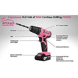 Apollo Tools Powerful Lightweight Cordless Drill, 10.8 Lithium Ion Battery with 30-Piece Accessory Drill Bit Set - Pink Ribbon - Pink- DT4937P
