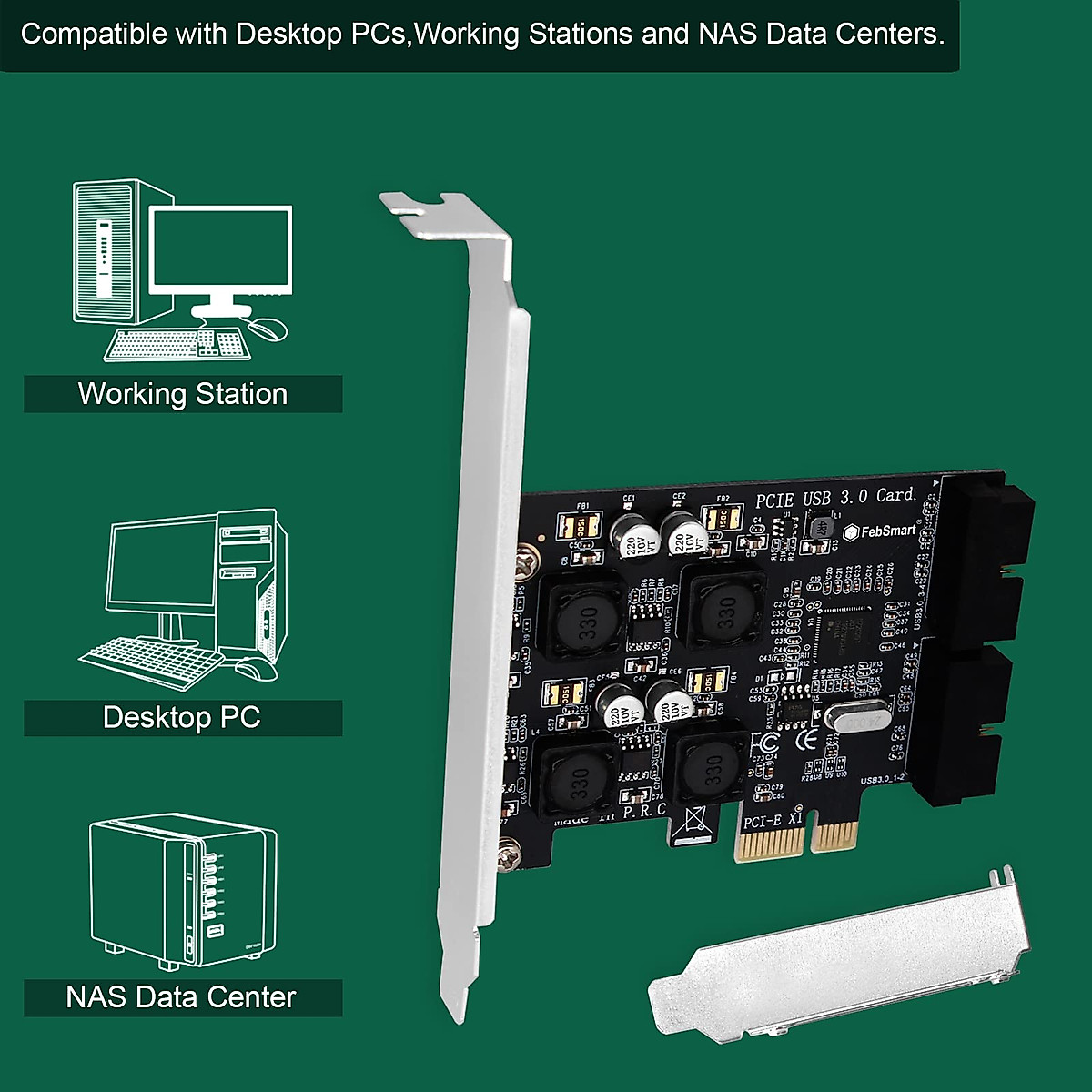 FebSmart 2X 19Pin USB 3.0 Header Ports PCIE USB 3.0 5Gbps Expansion Card for Windows and Linux Desktop PCs, Built in FebSmart Self-Powered Technology, No Need Additional Power Supply (FS-H2-Pro)