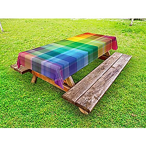 Ambesonne Vintage Rainbow Outdoor Tablecloth, Retro Plaid Design Checkered Squares Rainbow Colored Geometric Pattern, Decorative Washable Picnic Table Cloth, 58" X 84", Orange Green