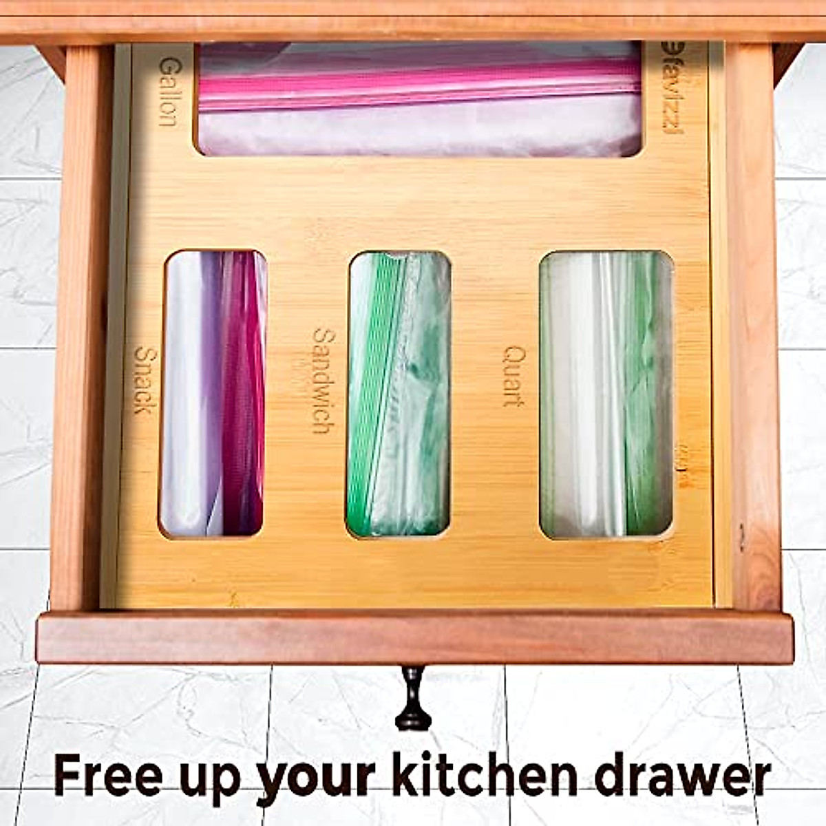 Favizzi Drawer Storage Organizer for Ziploc Bags, Premium Bamboo Kitchen Drawer Bags Organizer and Dispenser, Fits Gallon, Quart, Sandwich and Snack Bags